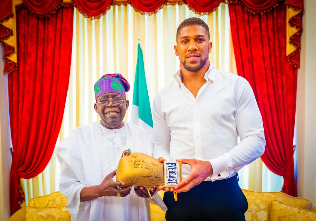 PHOTOS: Anthony Joshua presents autographed glove to Tinubu in Lagos ...